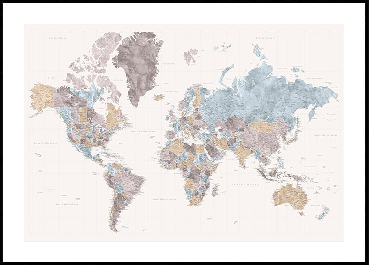 Mahler highly detailed world map with cities Plakat – Posterbox.no